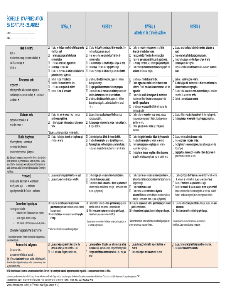 Remplissable En Ligne chelle d'apprciation en criture - 2e anne - Inclusion Fax Email Imprimer ...