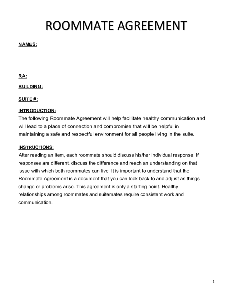 Fillable Online Roommate Agreement - Residential Life - Kalamazoo ...