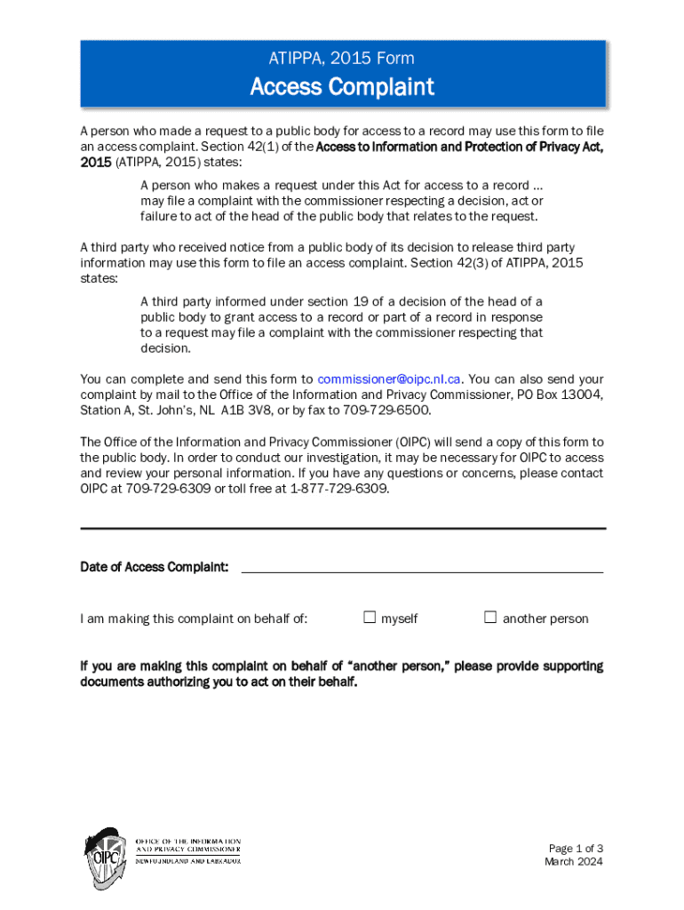 Fillable Online ATIPPA, 2015 Access Complaint Form Fax Email Print ...