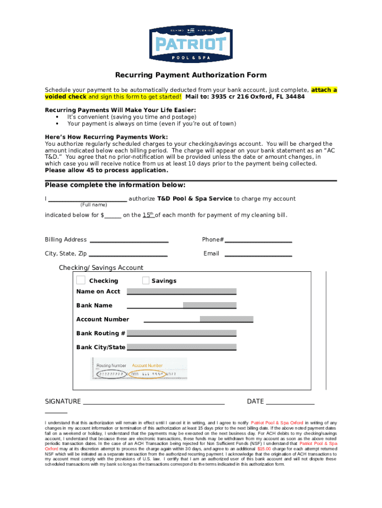 Recurring Payment Authorization - Patriot Pool & Spa Doc Template ...