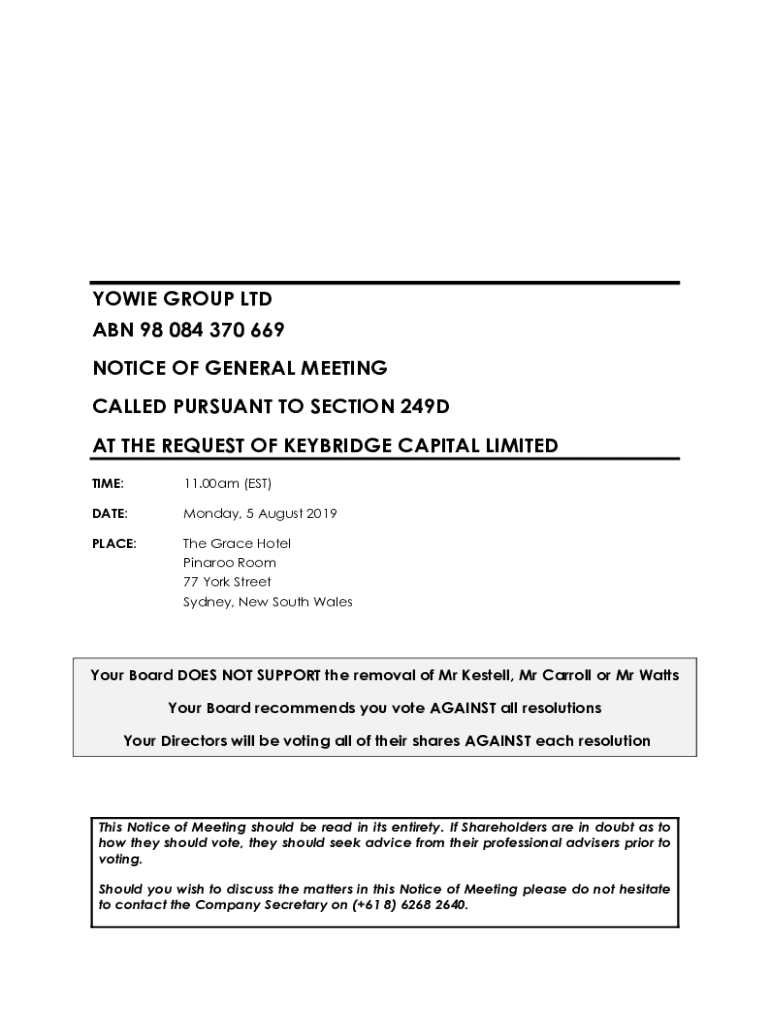 Fillable Online YOW: Target's Statement - Keybridge Capital Limited ...