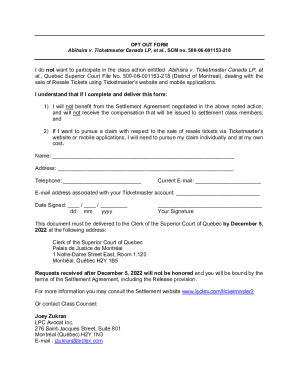 Fillable Online OPT OUT FORM Abihsira v. Ticketmaster Canada LP, et al ...
