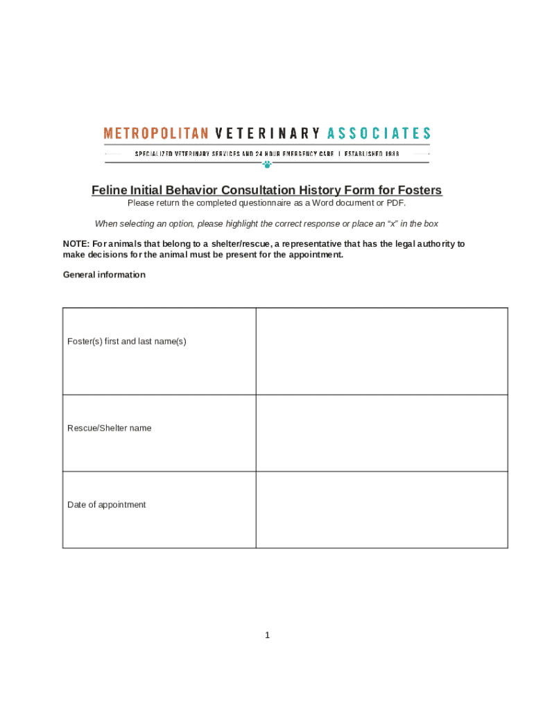Feline Consultation Questionnaire Doc Template | pdfFiller