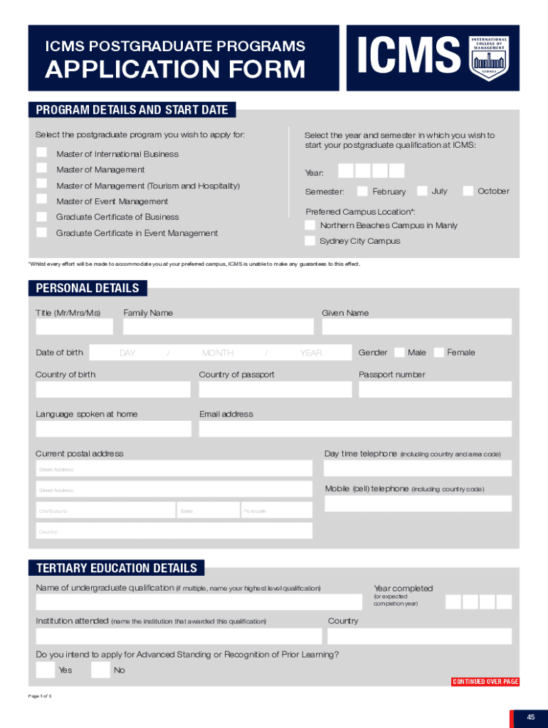 Fillable Online icms postgraduate programs - application form Fax Email Print - pdfFiller