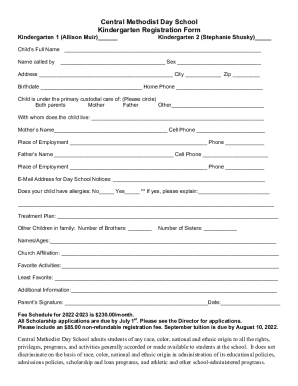 Fillable Online 2022-2023 Kindergarten Registration Form - Central Church Fax Email Print ...