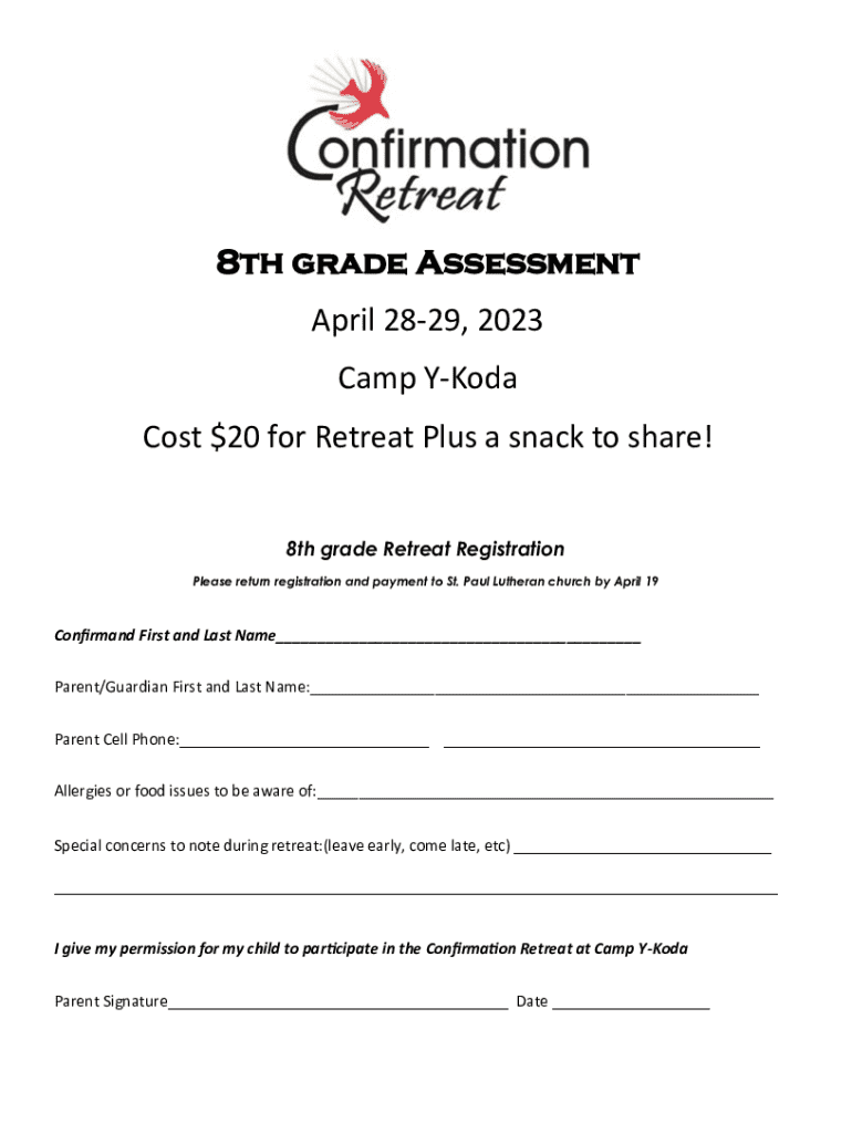 Fillable Online 8th grade Assessment April 28-29, 2023 Camp Y-Koda Cost ... Fax Email Print ...