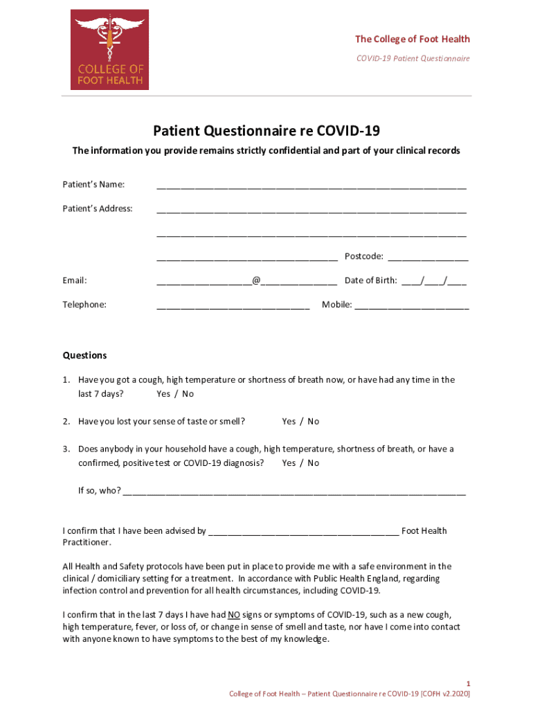 Fillable Online The College of Foot Health. COVID-19 Patient ...