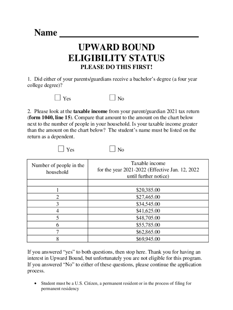 Fillable Online ACCEPTANCE INTO THE UPWARD BOUND PROGRAM ... Fax Email Print - pdfFiller