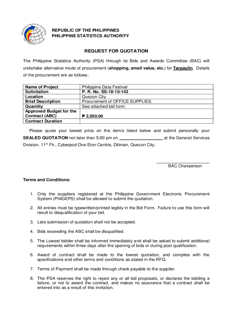 Fillable Online Philippine Statistics Authority REQUEST FOR QUOTATION - RSSO V Fax Email Print ...