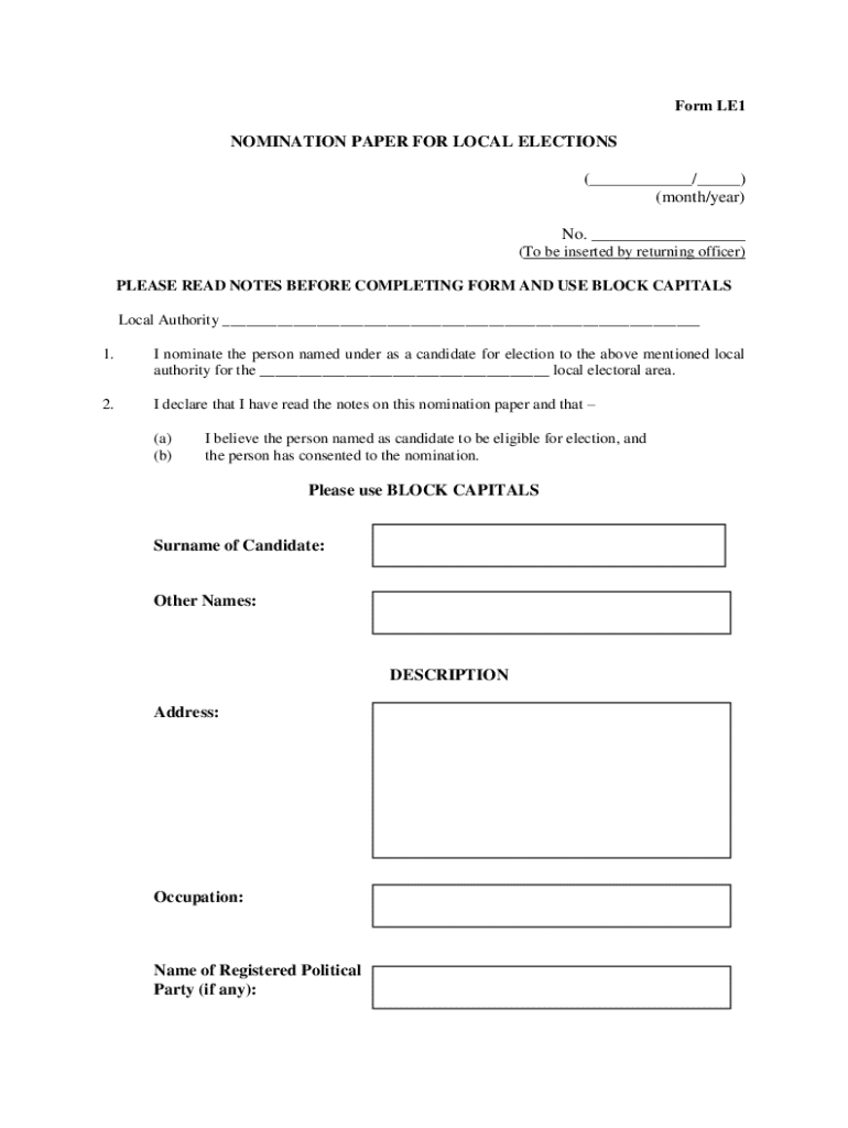 Fillable Online Fillable Online nomination paper le1 form Fax Email ...
