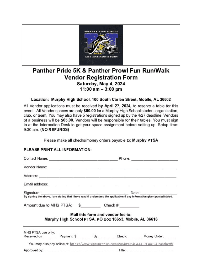 Fillable Online Panther Pride 5K & Panther Prowl Fun Run/Walk Vendor ... Fax Email Print - pdfFiller