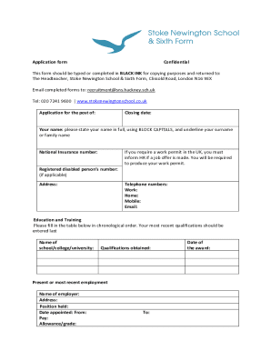 Fillable Online Establishment Stoke Newington School and Sixth Form Fax ...