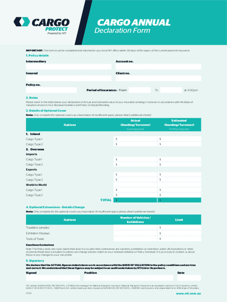Fillable Online CARGO ANNUAL - Declaration Form Fax Email Print - pdfFiller