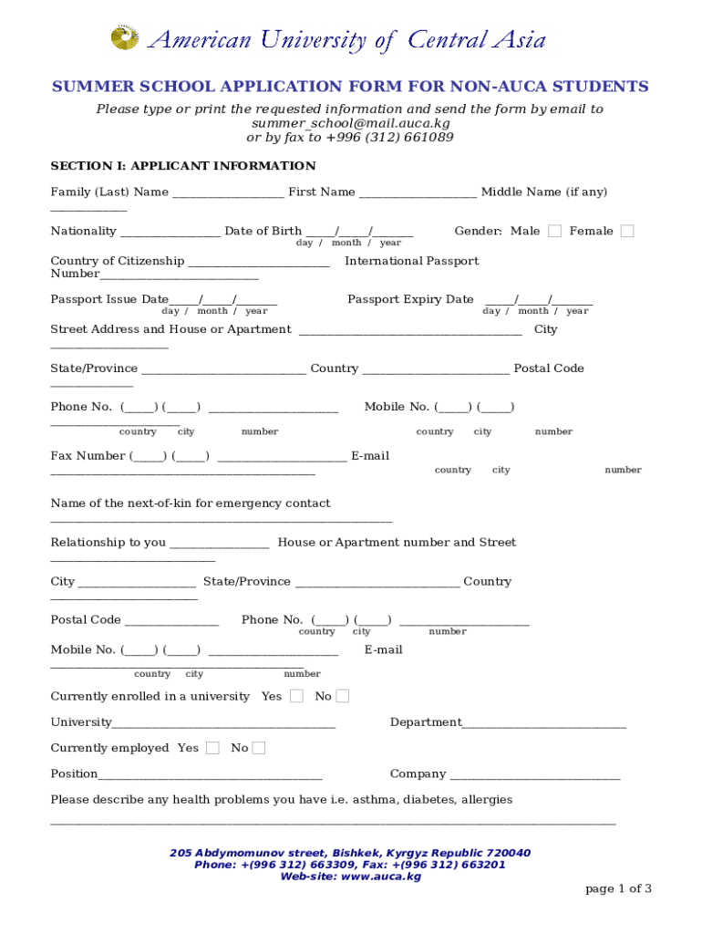 Summer School Application for non-auca students Doc Template | pdfFiller