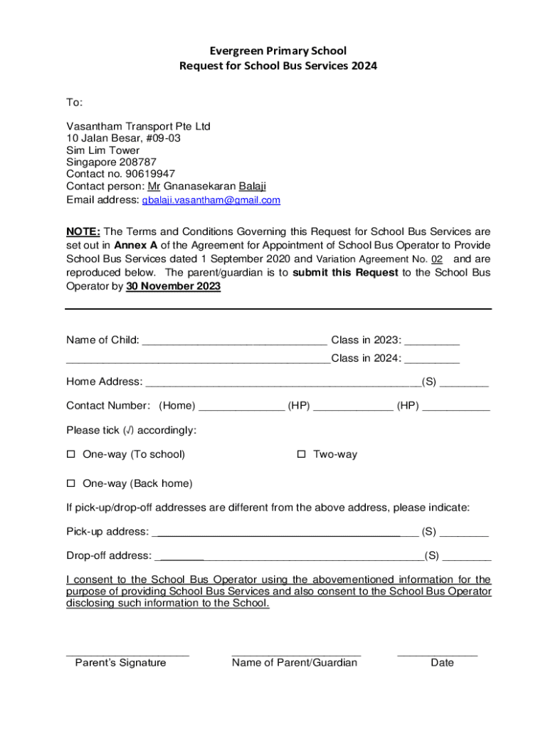 Fillable Online Evergreen Primary School Request for School Bus ...