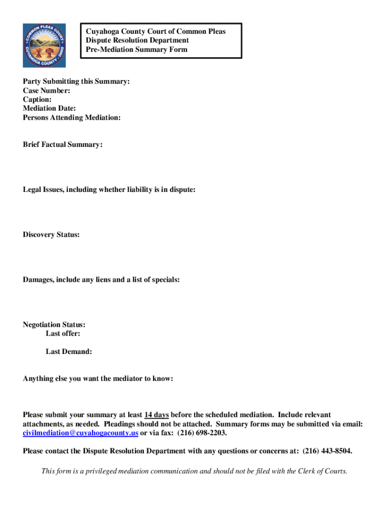 Fillable Online Pre-Mediation Summary Form Fax Email Print - pdfFiller