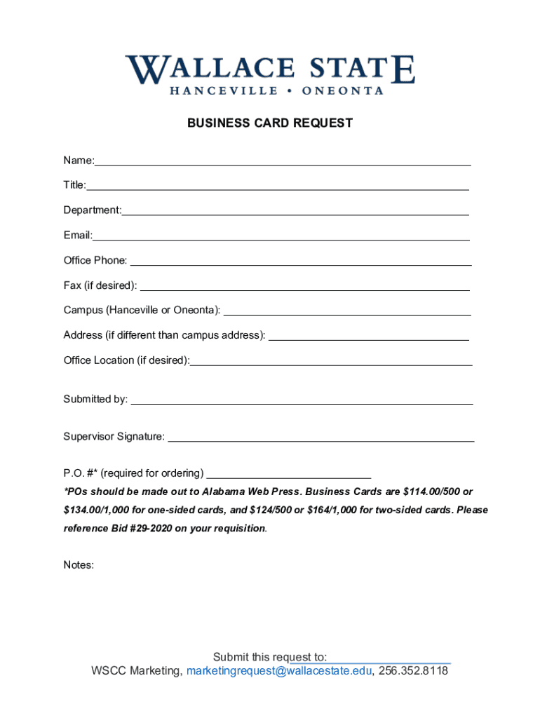 Fillable Online BUSINESS CARD REQUEST.docx Fax Email Print - pdfFiller
