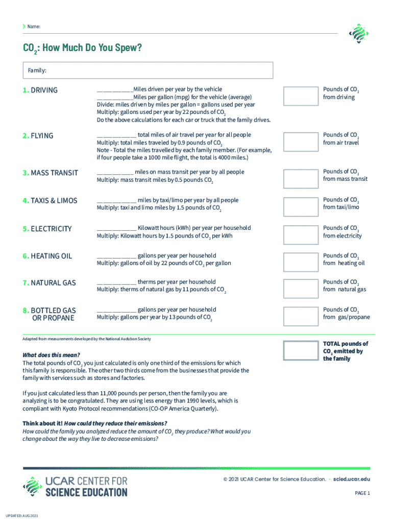 Fillable Online scied ucar Family Calculation Sheet.pdf - CO2: How Much Do You ... Fax Email ...