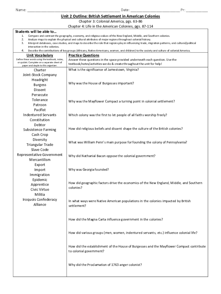 Fillable Online Unit 2 Outline: British Settlement in American Colonies ...
