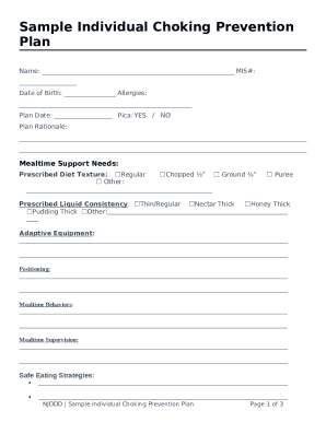 Sample Individual Choking Prevention Plan - NJ.gov Doc Template | pdfFiller