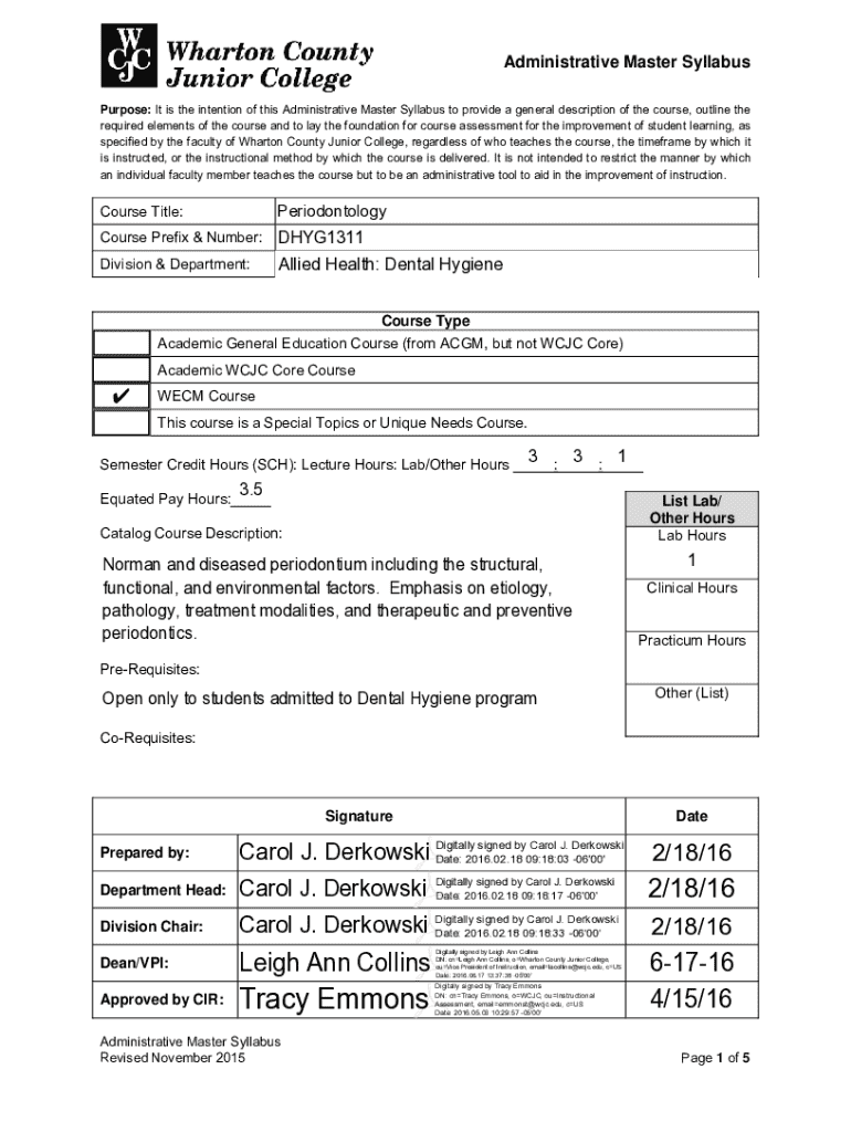 Fillable Online Administrative Master Syllabus DHYG1311 Allied Health ...