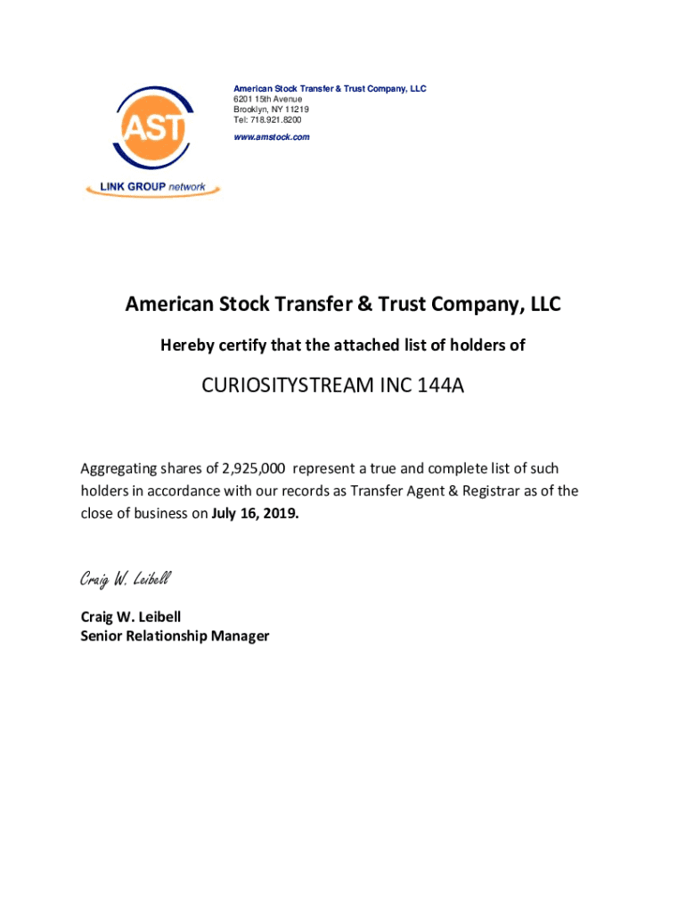 Fillable Online American Stock Transfer and Trust Company, LLC AST ...