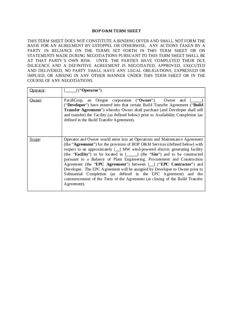 K-2 BOP O&M Term SheetWord version Doc Template | pdfFiller
