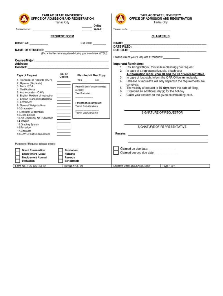 Fillable Online REQUEST FORM CLAIM STUB Fax Email Print - pdfFiller
