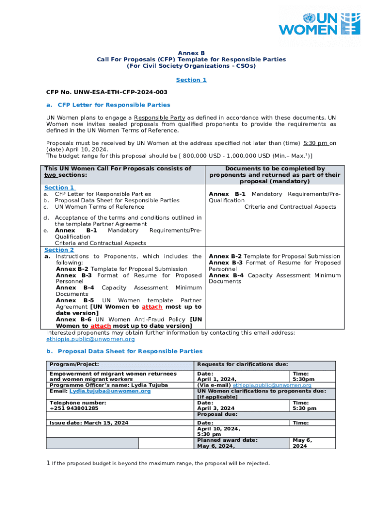 Proposals must be received by UN Women at the address specified not later than (time) 5:30 pm on ...