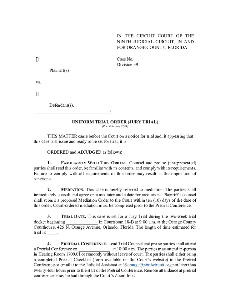 Fillable Online UNIFORM ORDER SETTING CAUSE FOR TRIAL AND ... Fax Email Print - pdfFiller
