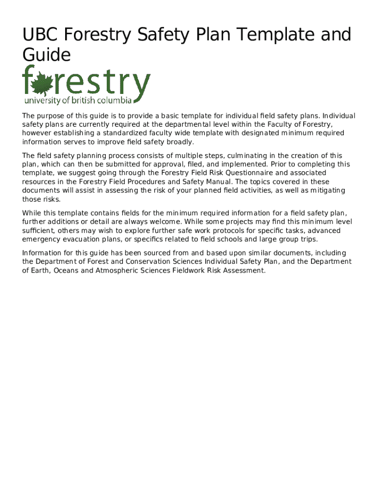 UBC Forestry Safety Plan Template and Guide Doc Template | pdfFiller