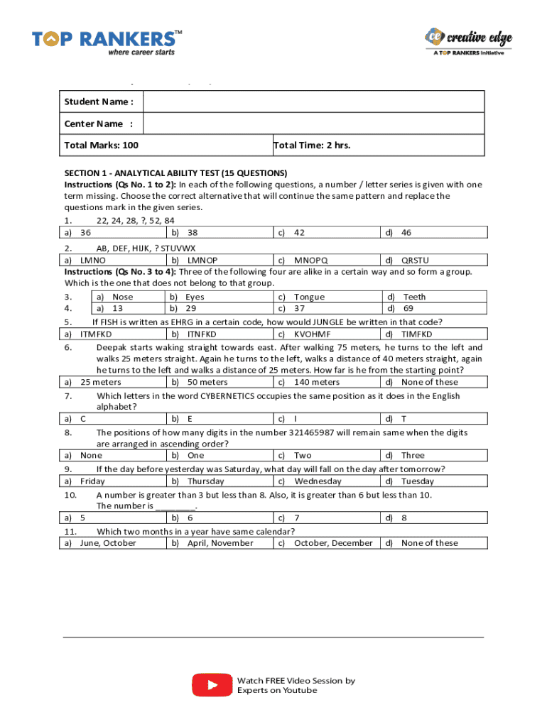 Fillable Online NIFT General Aptitude Test (GAT) Mock Test 2 Student ...