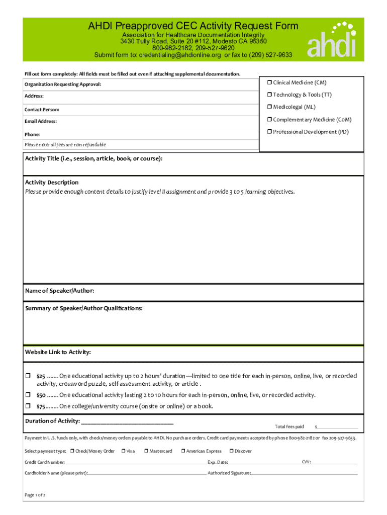 Fillable Online AHDI Preapproved CEC Activity Request Form Fax Email ...