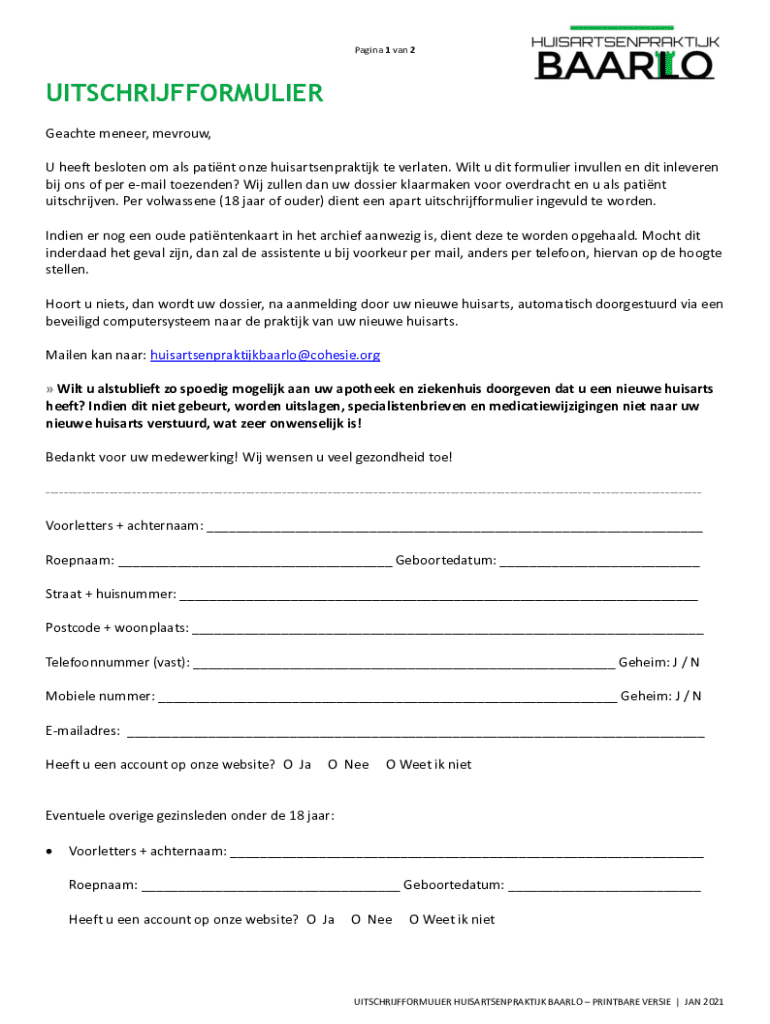 Invulbaar Online Patint heeft zich uitgeschreven bij vorige huisarts: Ja Faxnummer Email ...