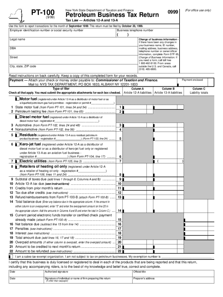 Fillable Online Form PT-100:09/99: Petroleum Business Tax Return, pt100 ...
