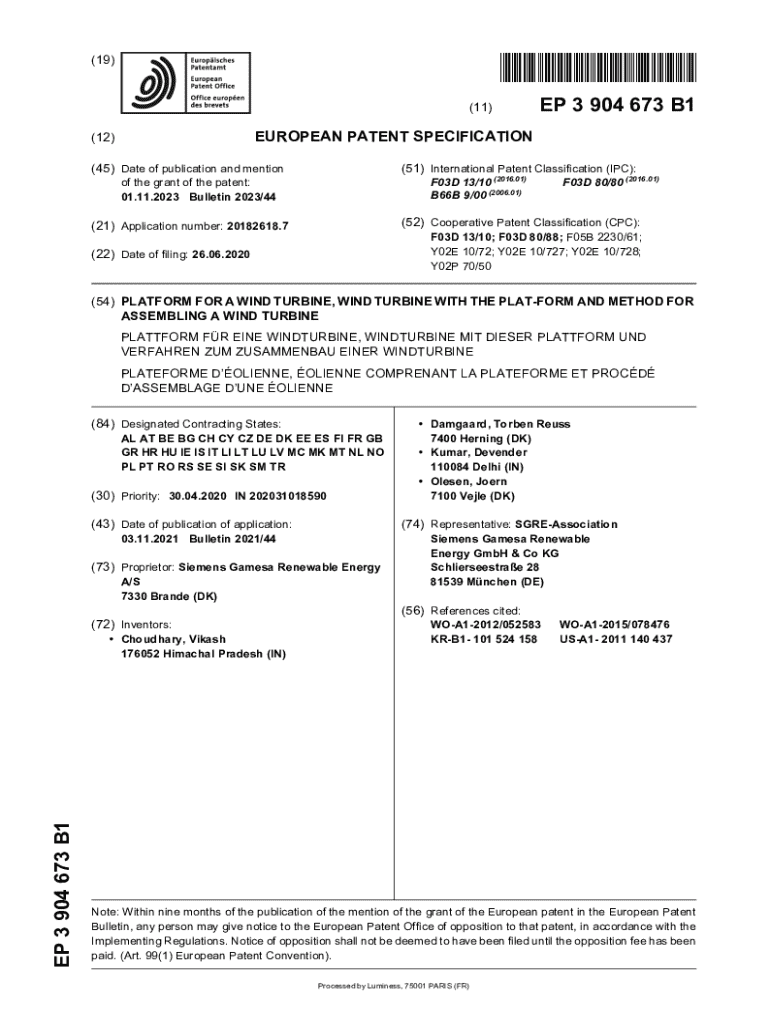 Fillable Online data epo PLATFORM FOR A WIND TURBINE, WIND TURBINE WITH ...