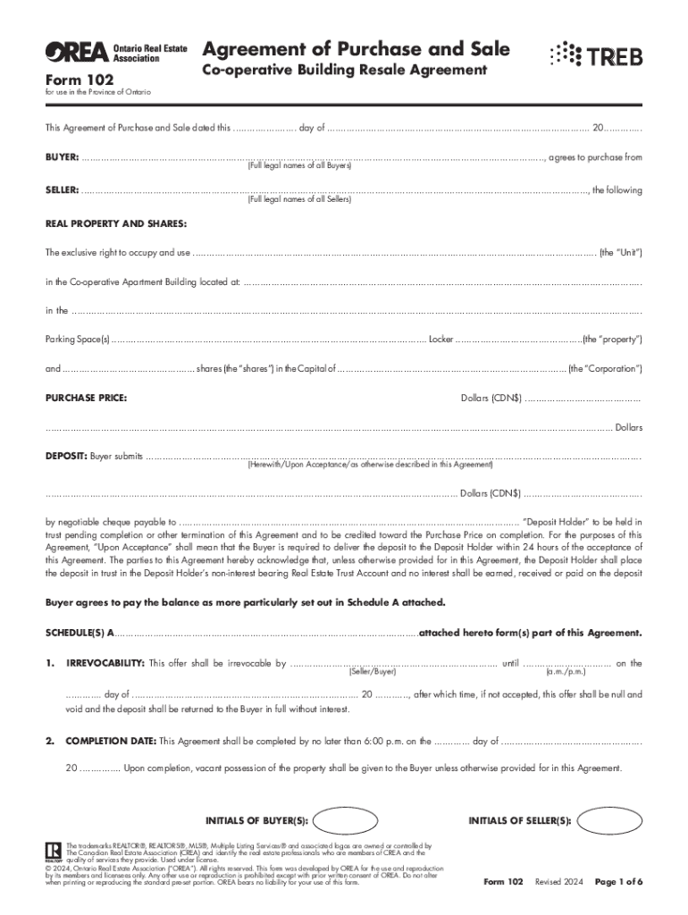 Fillable Online Form 102. Agreement of Purchase and SaleCo-operative ...