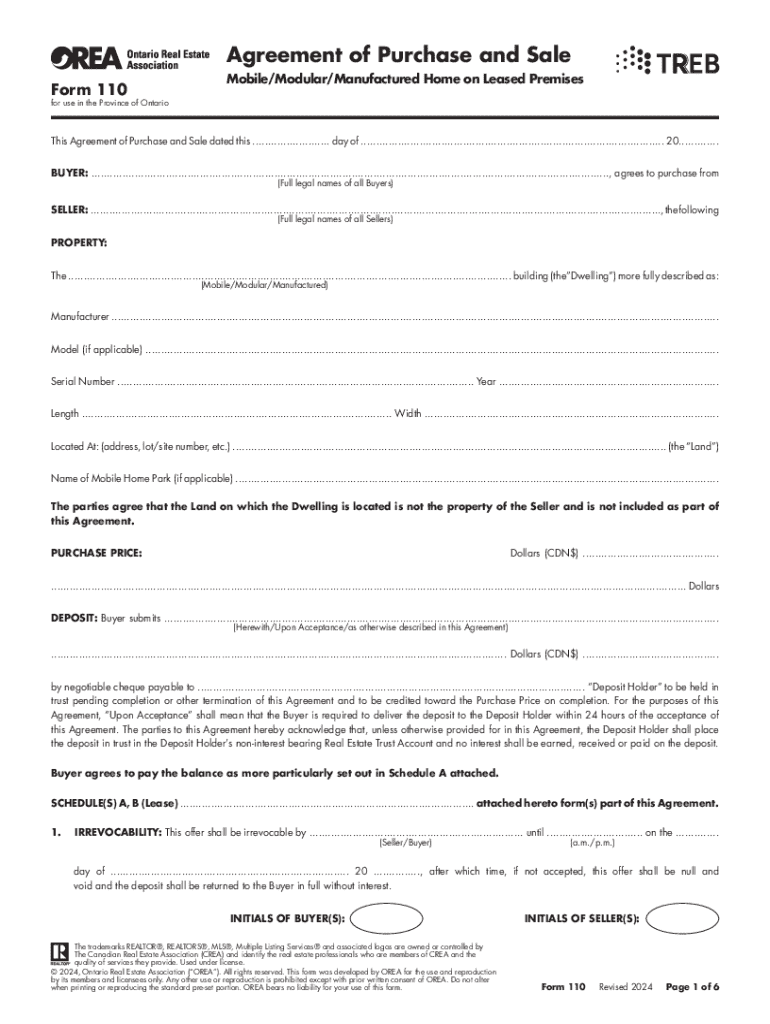 Fillable Online Form 110. Agreement of Purchase and SaleMobile/Modular ...