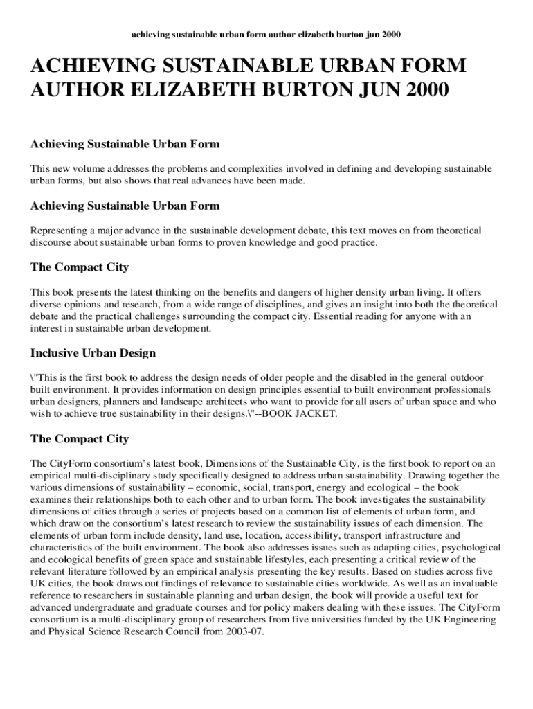 Fillable Online Achieving Sustainable Urban Form: K Williams, E Burton ...