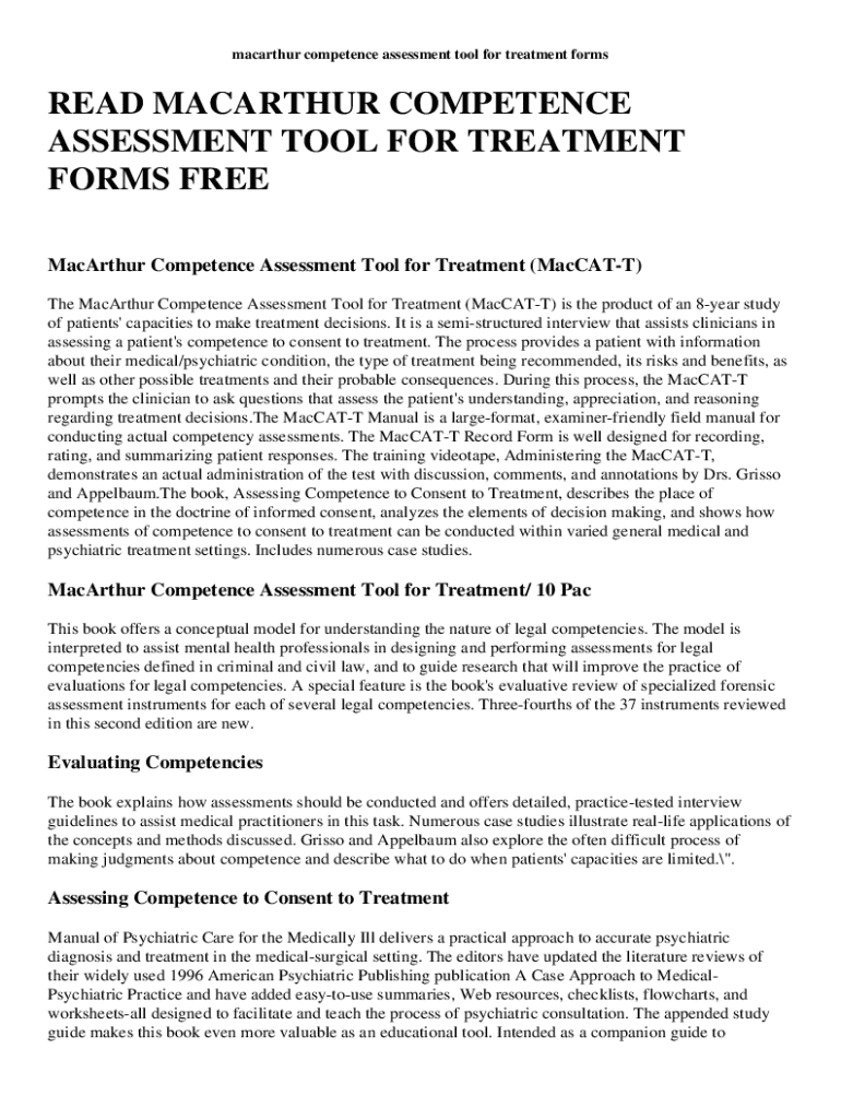 Fillable Online macarthur competence assessment tool for treatment forms. macarthur competence ...