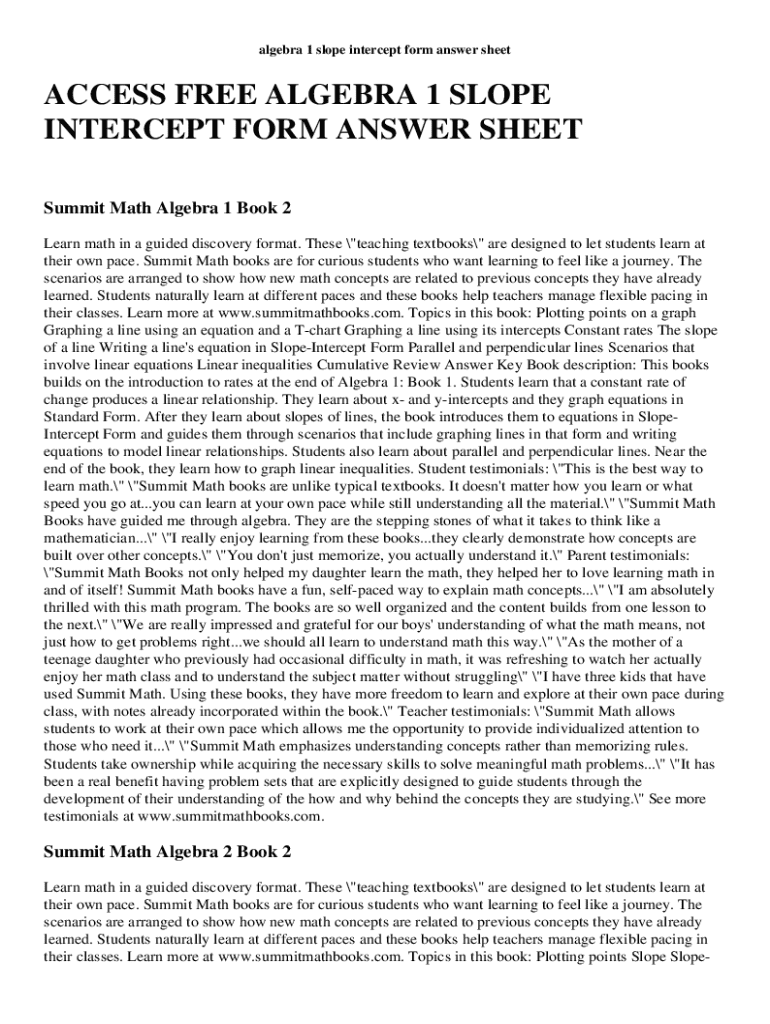 Fillable Online algebra 1 slope intercept form answer sheet. algebra 1 ...