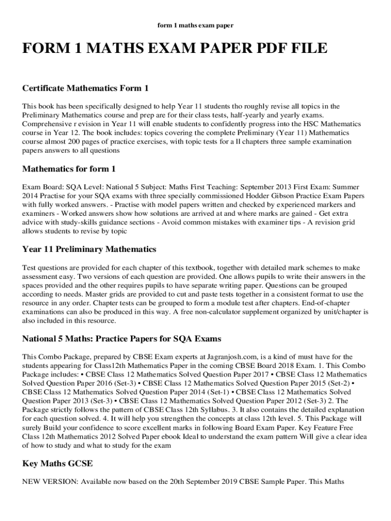 Fillable Online form 1 maths exam paper Fax Email Print - pdfFiller