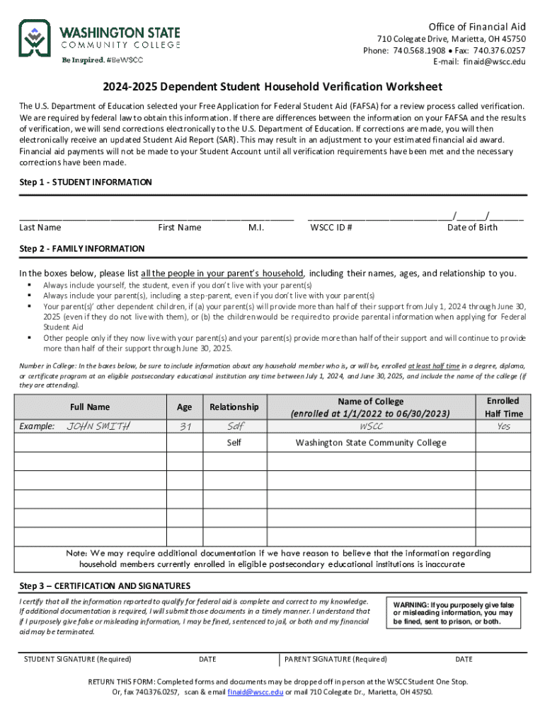Fillable Online 2024-2025 Dependent Student Household Verification Worksheet Fax Email Print ...