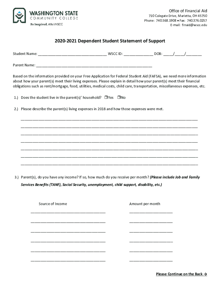Fillable Online 2020-2021 Dependent Student Statement of Support Fax ...