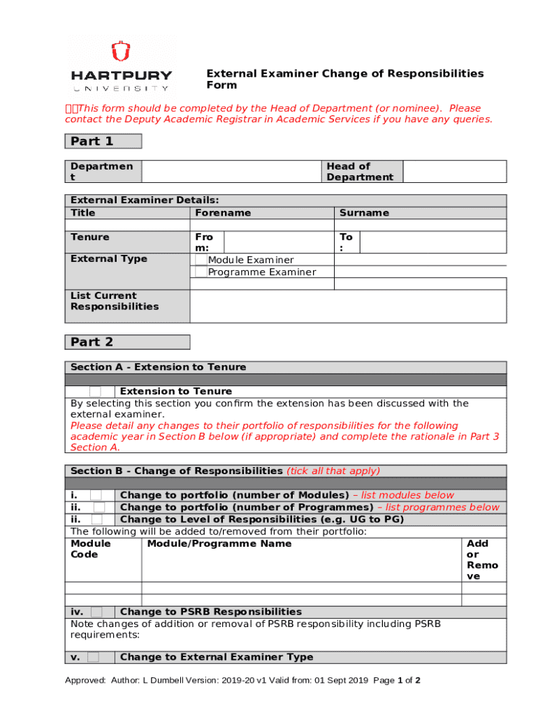 External Examiner Change of Responsibilities Doc Template | pdfFiller