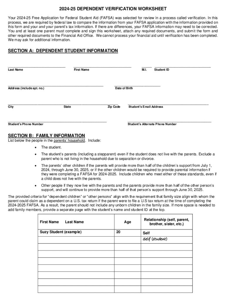 Fillable Online 2024-25 DEPENDENT VERIFICATION WORKSHEET Fax Email Print - pdfFiller