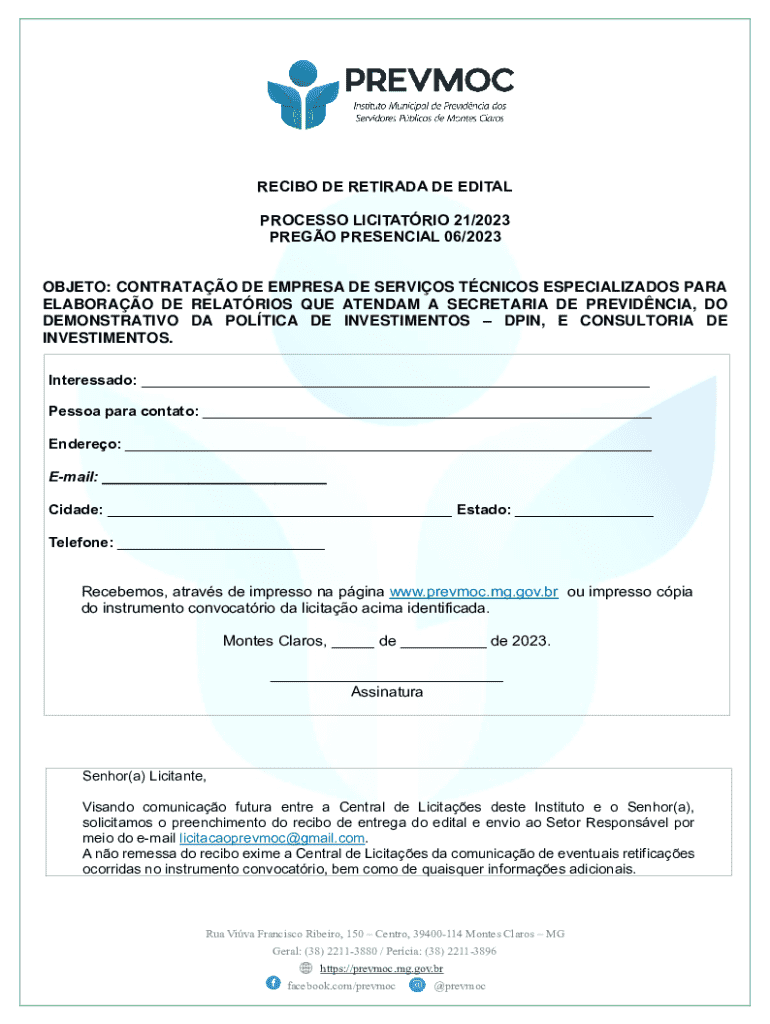 Preenchível Disponível RECIBO DE RETIRADA DE EDITAL PROCESSO LICITATRIO ... Fax Email Imprimir ...