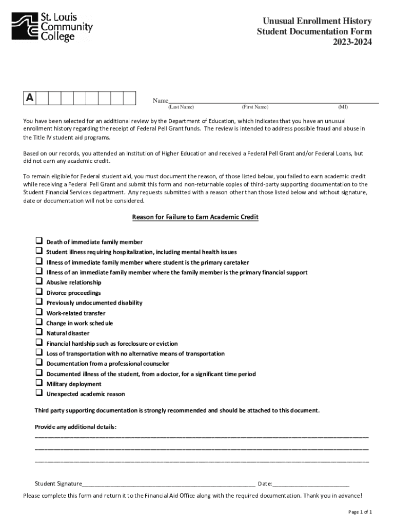 Fillable Online Unusual Enrollment History Student Documentation Form ...