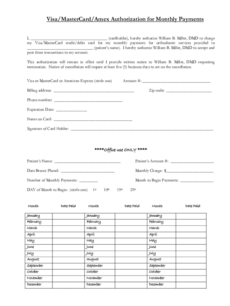 Fillable Online Visa/MasterCard/Amex Authorization for Monthly Payments ...