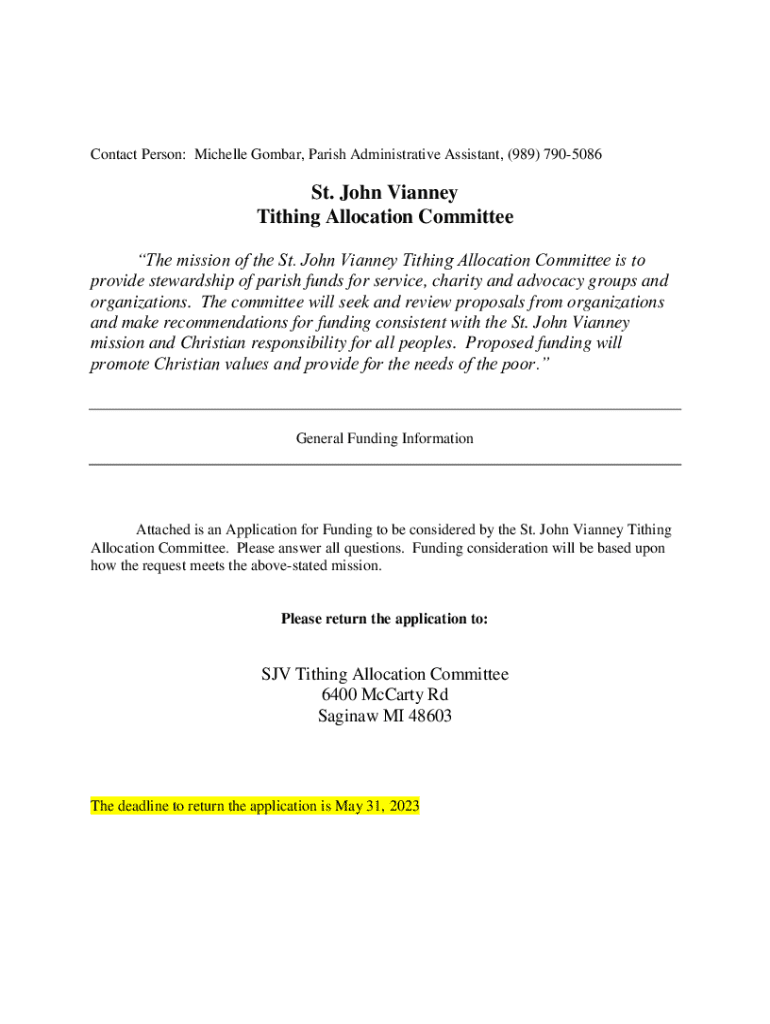 Fillable Online Tithing Committee - St. John Vianney Catholic Church ...